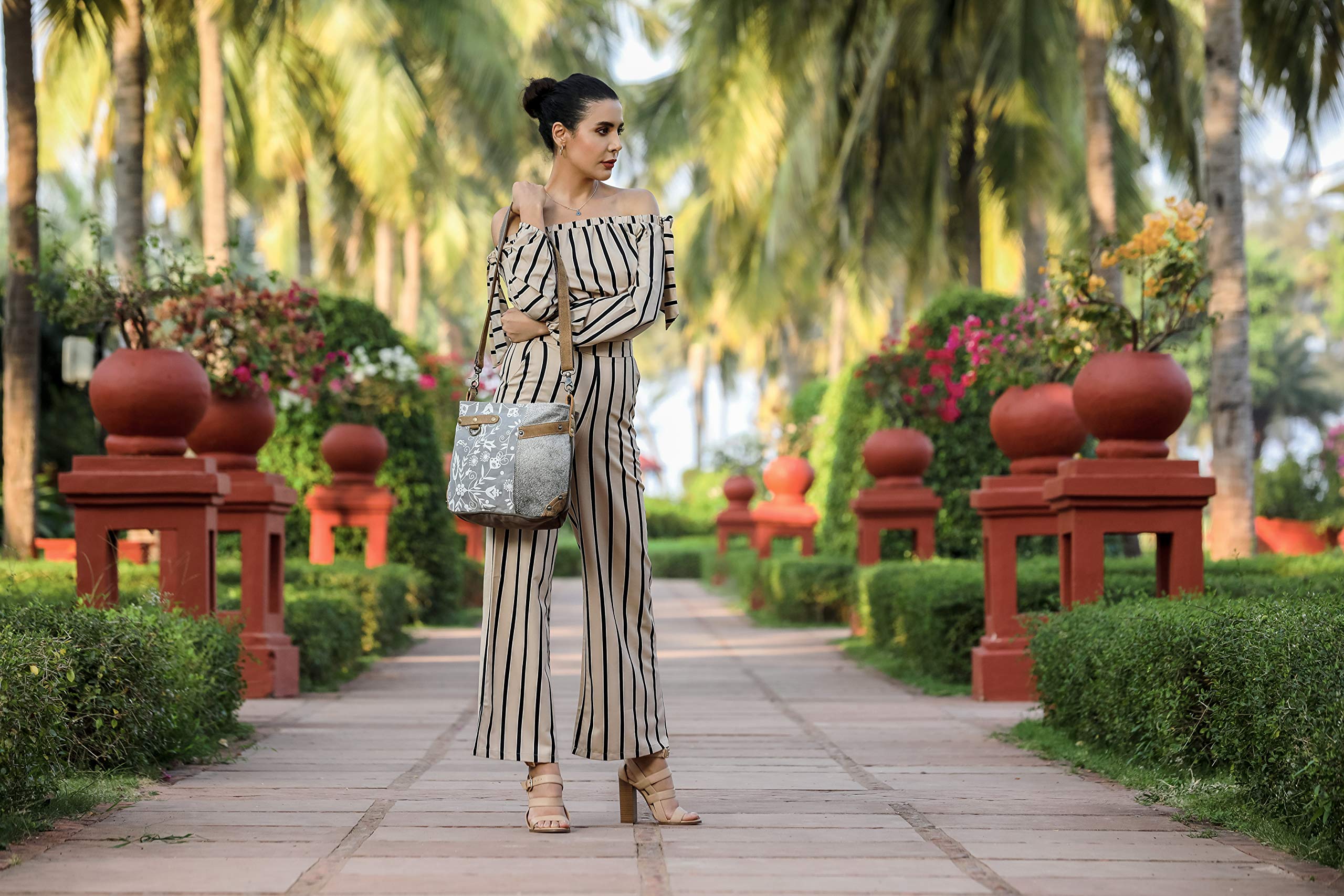 Myra Bag Dove Upcycled Canvas & Cowhide Shoulder Bag S-1448