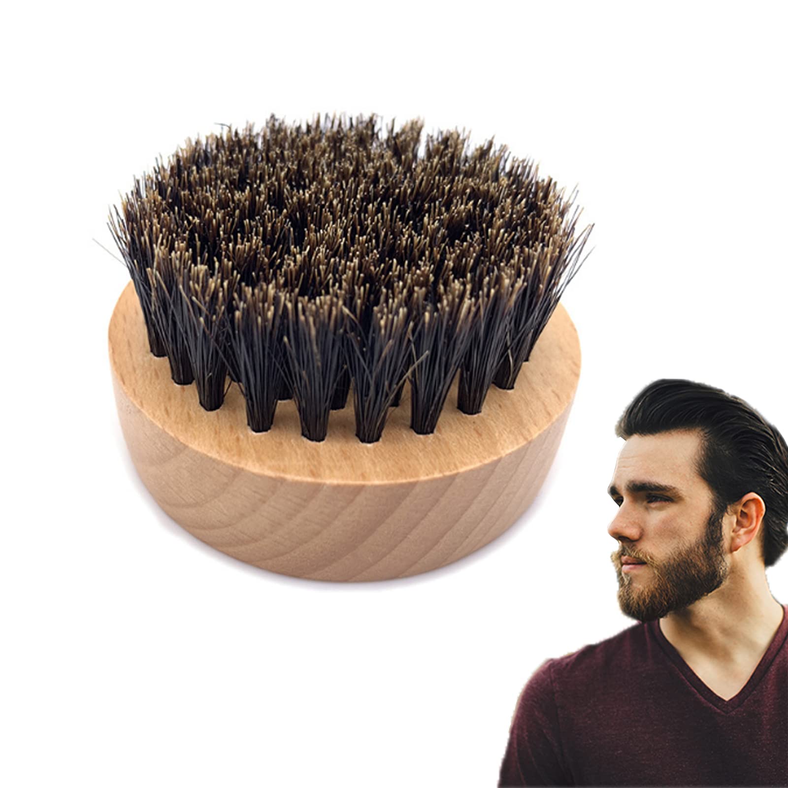 YAFIYGI Mustache Brush for Men Beard Brush with Handle Natural Boar Bristle Round Mini Brush Style Grooming for Black Men Small Pocket Sized Cepillo Para Barba de Hombre