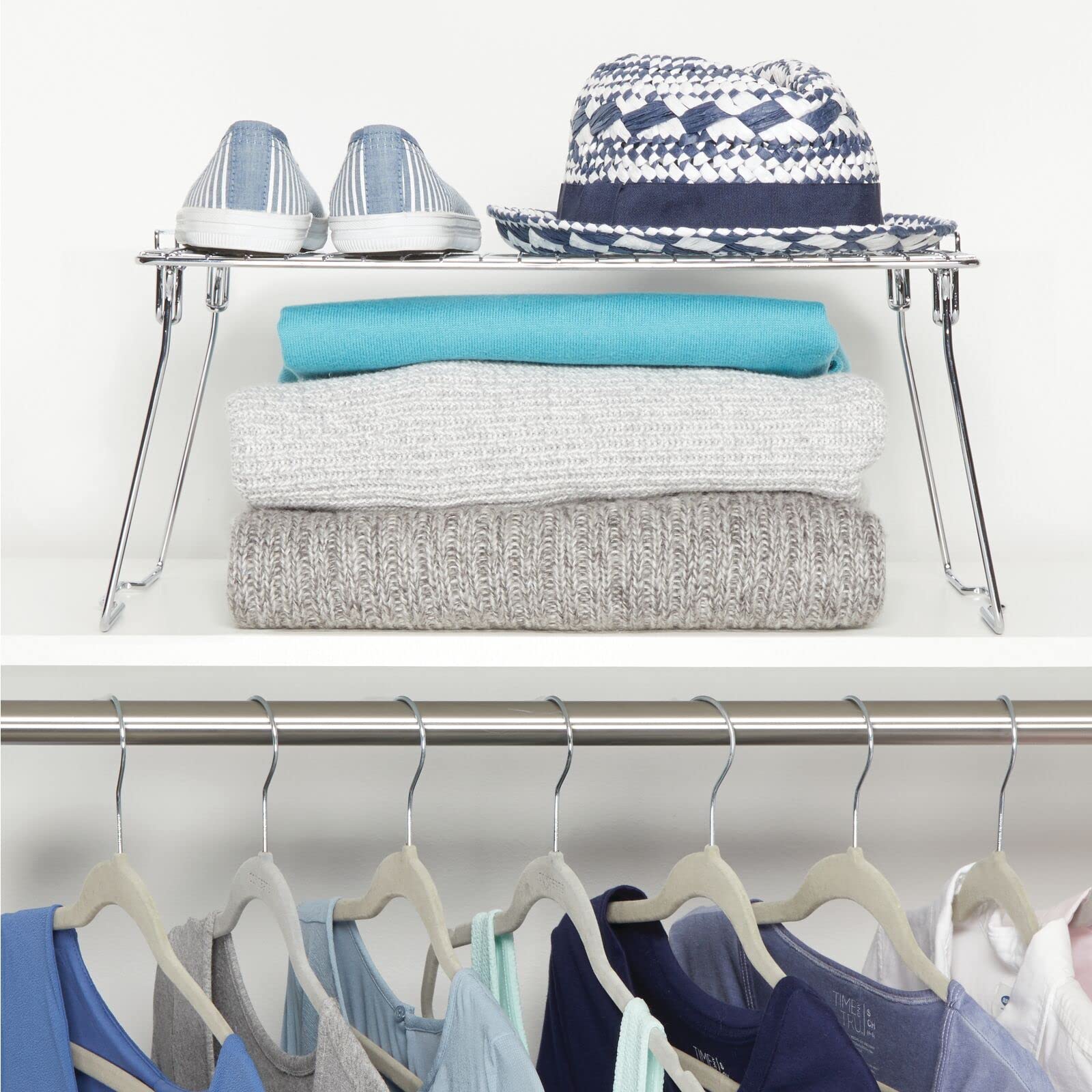 mDesign Farmhouse Metal Stackable Storage Shelf - Closet, Cabinet, Countertop 2-Tier Raised Organizer - for Bedrooms, Bathrooms, Entryways, Hallways - 12" x 17" x 8.4" - 2 Pack - Chrome