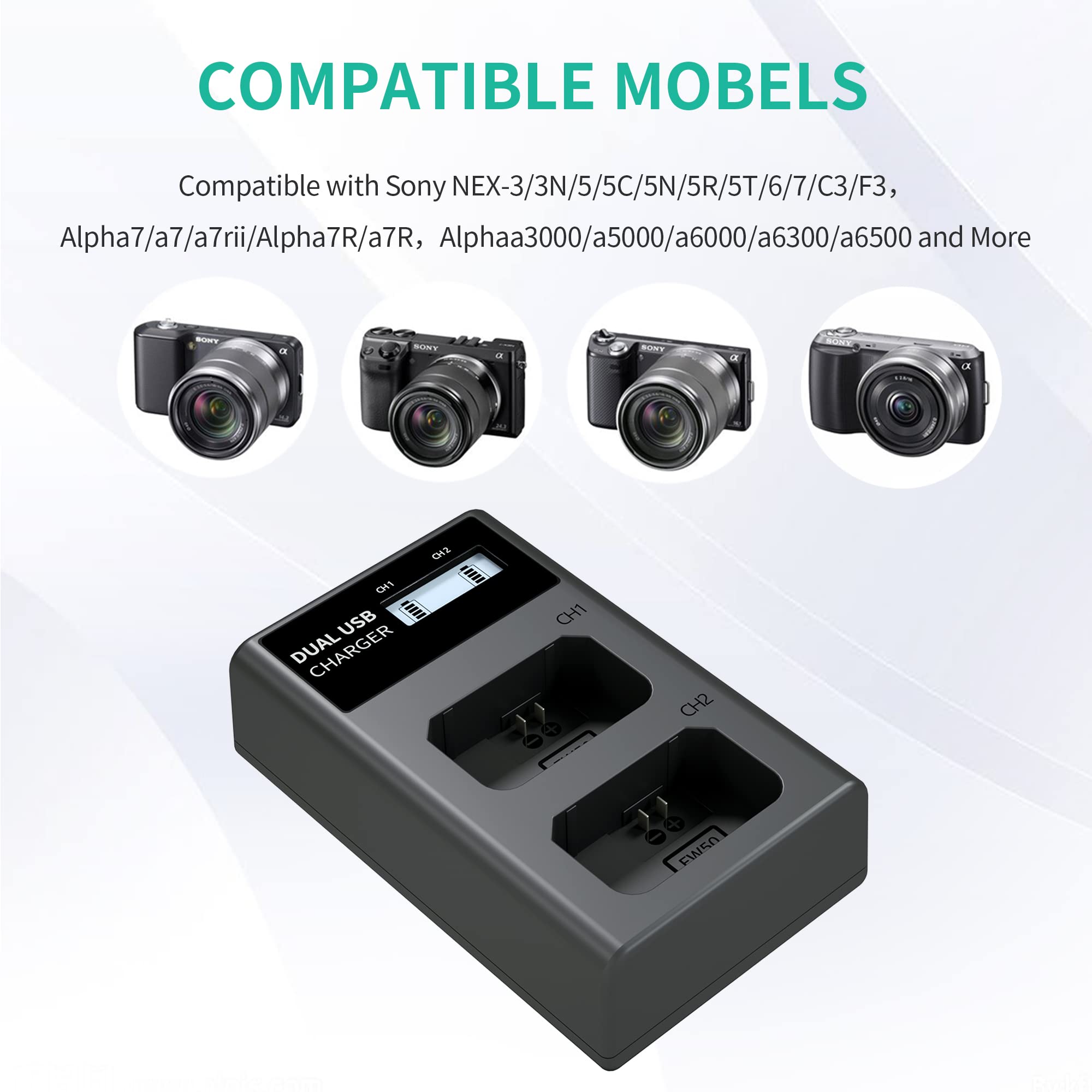 NP-FW50 Battery Charger, LCD Dual Charger Compatible with Sony Alpha A6000, A6400, A6100, A6300, A6500, A5100, A7, A7 II, A7R, A7R II, A7R2, A7S, A7S II, A7S2, A5000, A3000, RX10, NEX-3/5/7 Series