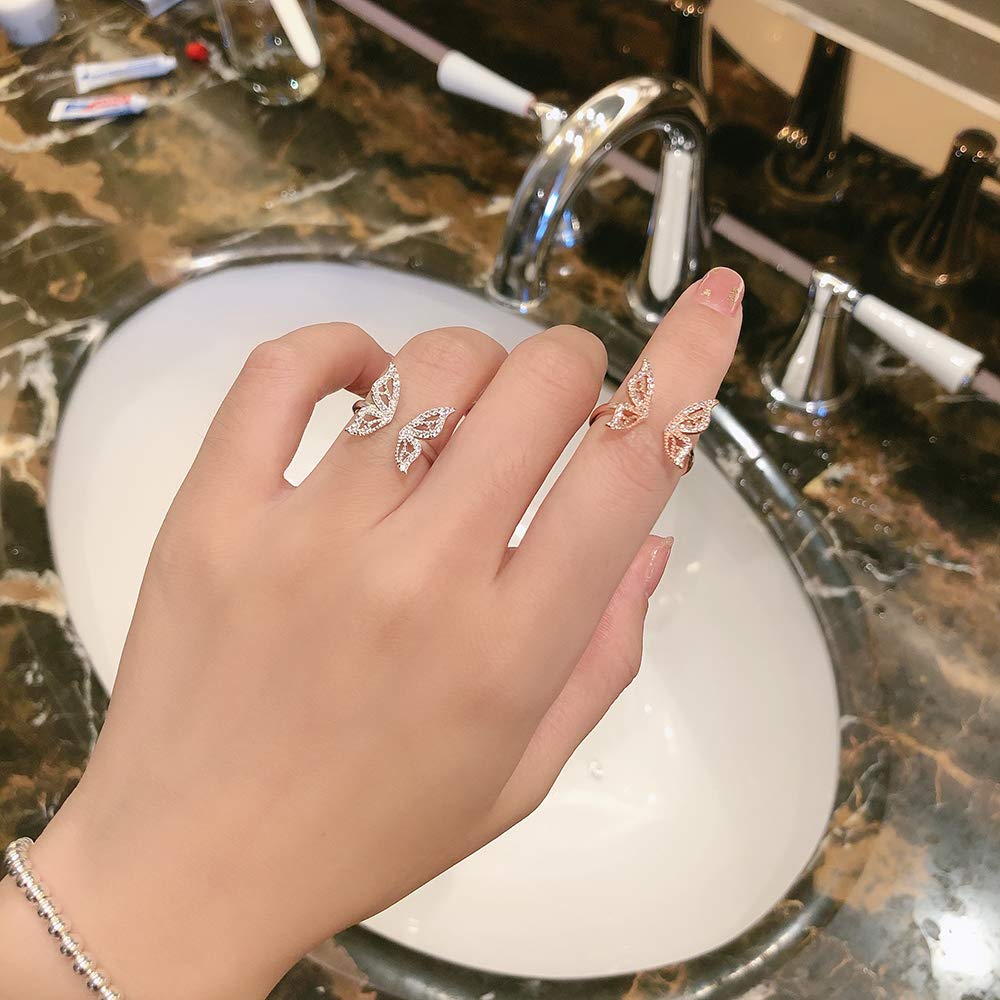 NewZenro Luxury CZ Butterfly Open Ring for Women Elegant 925 Sterling Silver Cubic Zirconia Engagement Statement Adjustable Knuckles Finger Rings for Her Wedding Birthday (Silver)