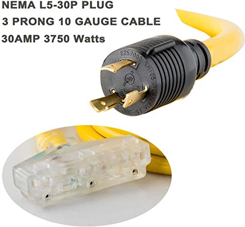 Yodotek 25FT Heavy Duty Generator Extension Cord,NEMA L5-30P/Three 5-15R, 3 Prong 10 Gauge Flexible Generator Cable, Generator Power Cord,30Amp 3750 Watts Yodotek