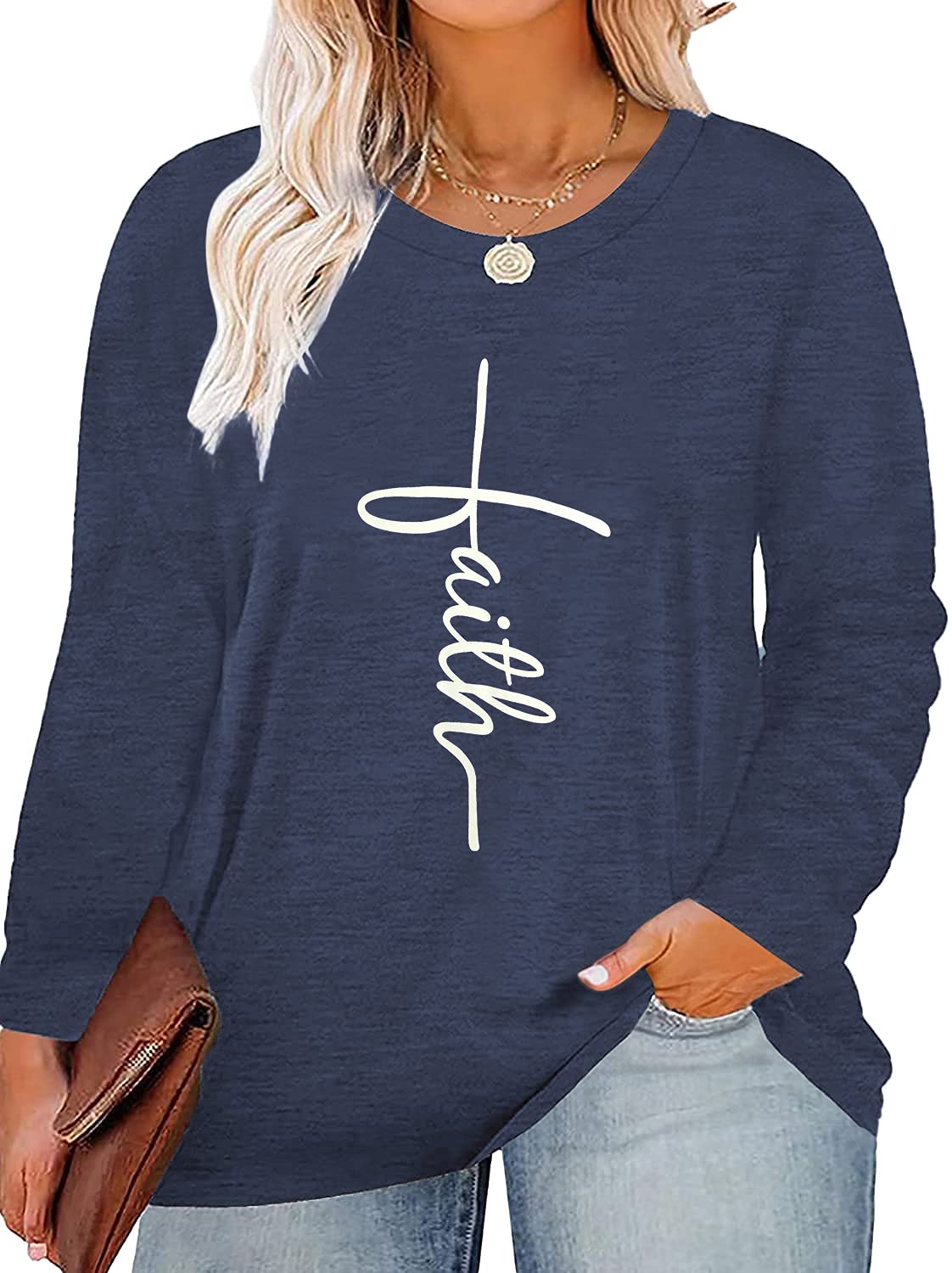 Plus Size Tops Women Faith Shirts Christian Inspirational Tshirt Long Sleeve Graphic Tees(C-02-Blue,3X)