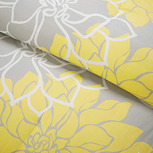 Madison Park Lola Sateen Cotton Comforter Set-Casual Medallion Floral Design All Season Down Alternative Bedding, Shams, Bedskirt, Decorative Pillows, Queen(90"x90"), Grey/Yellow, 7 Piece