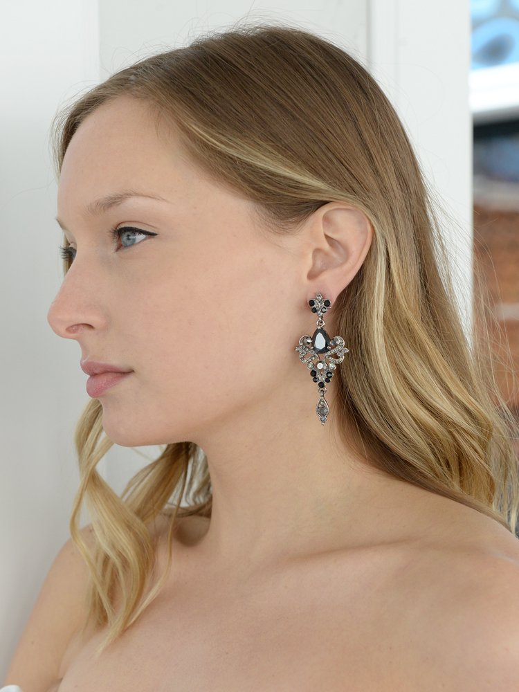 Mariell Vintage Black and Grey Crystal & CZ Chandelier Dangle Earrings for Fashion, Prom, Bridesmaids