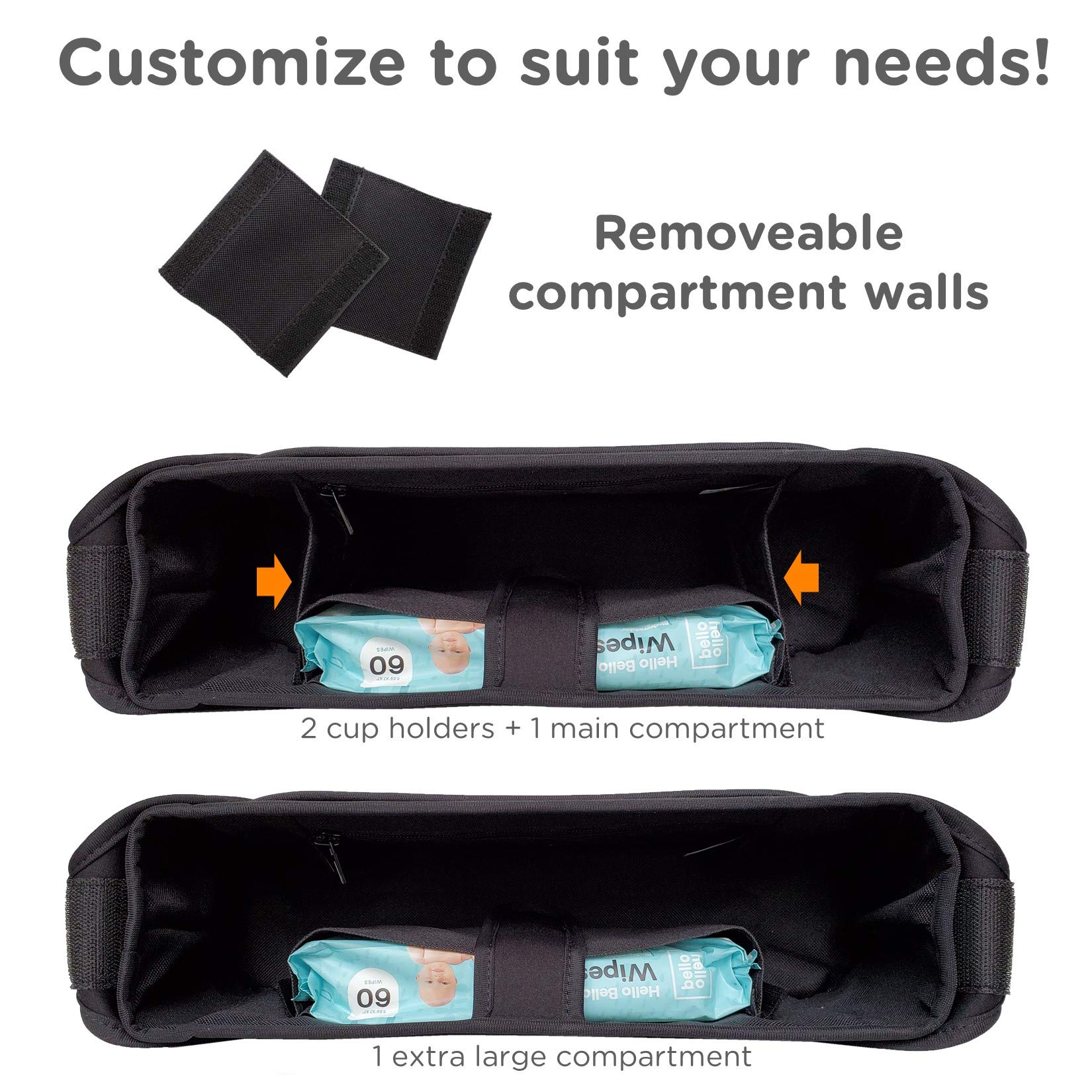 liuliuby Stroller Organizer - Large Storage Space with Cup Holder & Easy Access Wipes Pocket - Customizable Compartments & Universal Fit Stroller Caddy - Parent Console Accessories