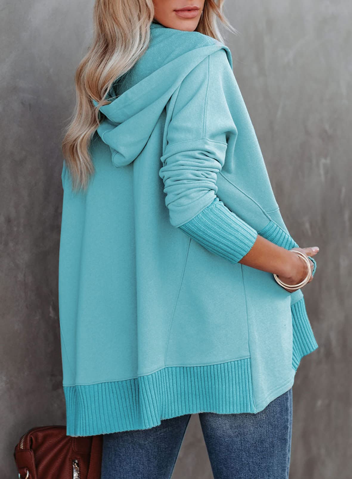 SANDERY Women's Fall Oversized Hoodies 2022 Casual Button V Neck Pullover Sweatshirt Tops with Pockets Large Sky Blue