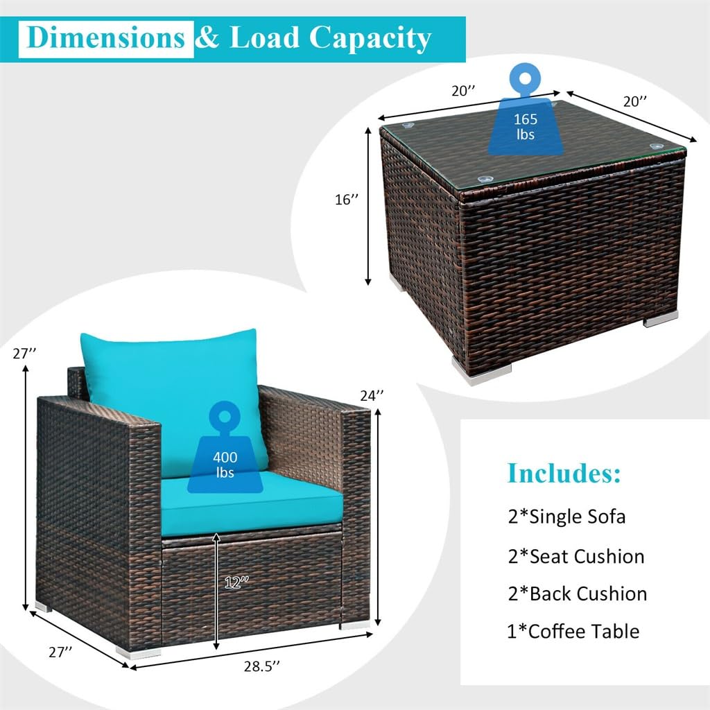 LIUZH 3PCS Patio Rattan Furniture Set Conversation Sofa Cushioned Turquoise
