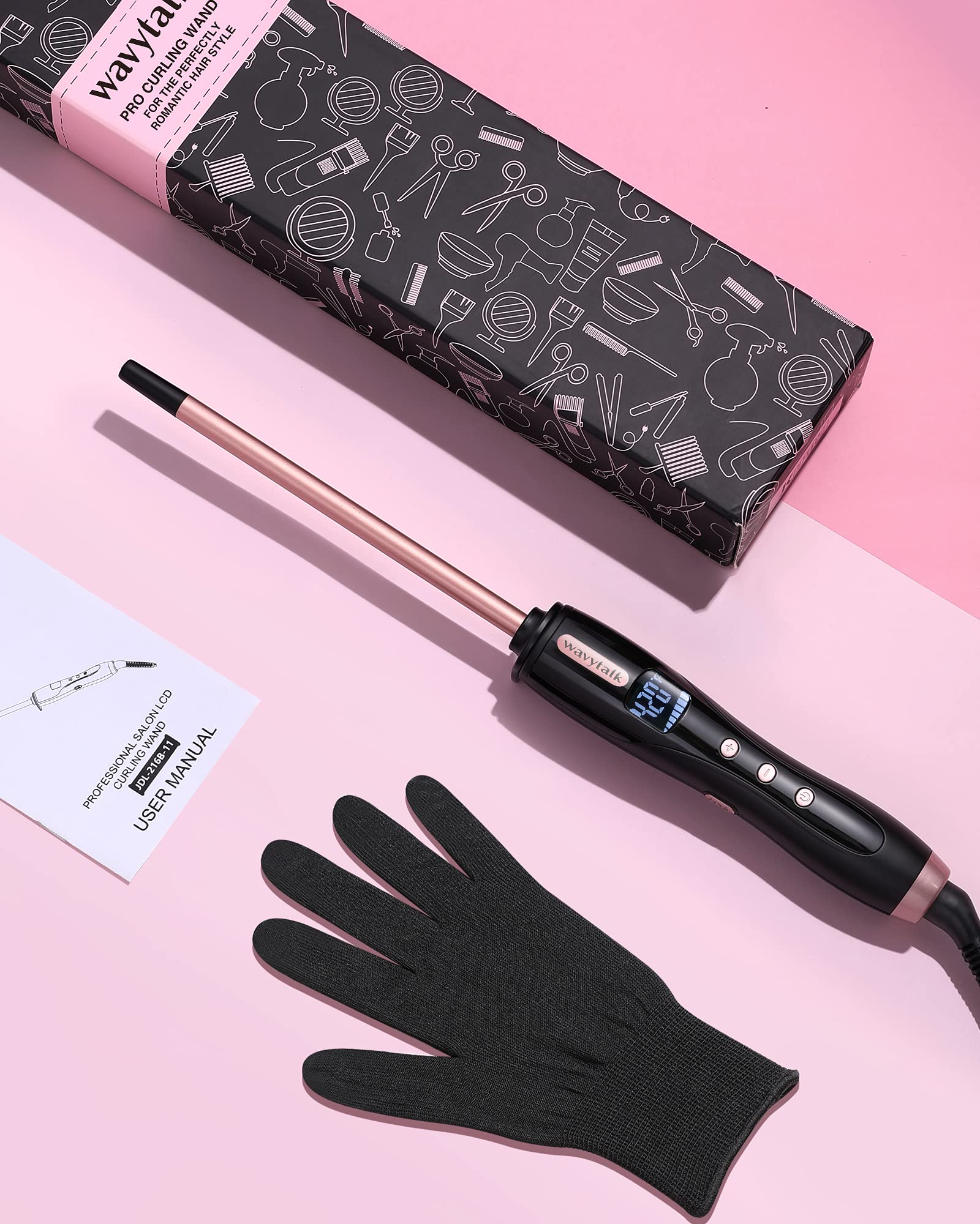Wavytalk Small Curling Iron, 3/8 Inch Barrel Ceramic Wand Iron for Short & Long Hair, Skinny with Adjustable Temperature (Rose Pink)