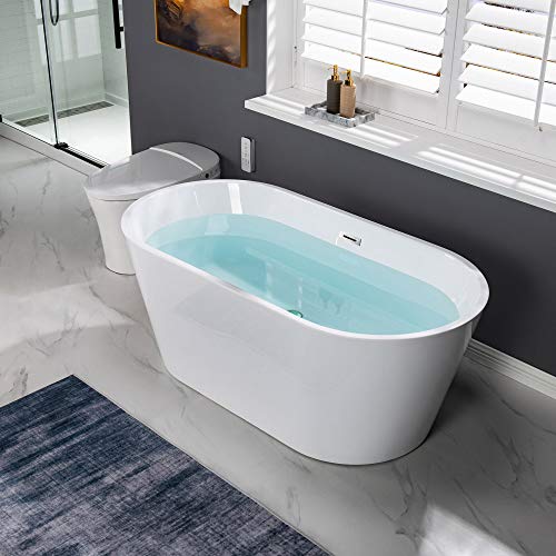 WOODBRIDGE 59" Acrylic Freestanding Bathtub Contemporary Soaking White Tub with Chrome Overflow and Drain,B0014-CH