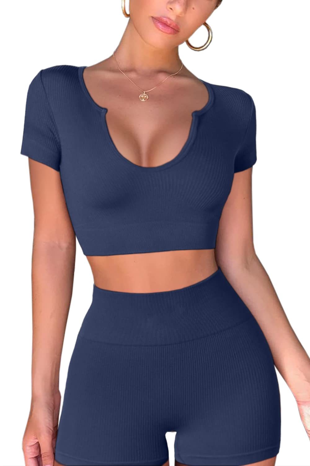 QINSEN Womens Workout Short Leggings 2 Piece Outfits Short Crop Tops Seamless High Waist Booty Shorts M