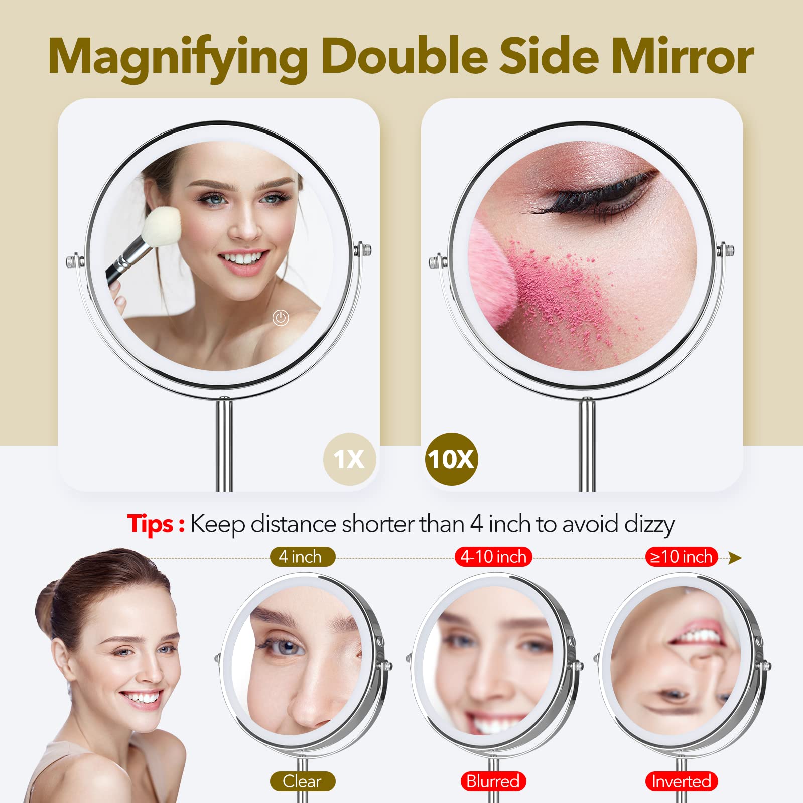 WEYEXECE Rechargeable 8 inch Lighted Makeup Mirror, 3 Colors 1X/10X Table Vanity Mirror with 360° Rotation Touch Screen, LED Dimmable Desk Lit Cosmetic Magnifying Mirror Chrome