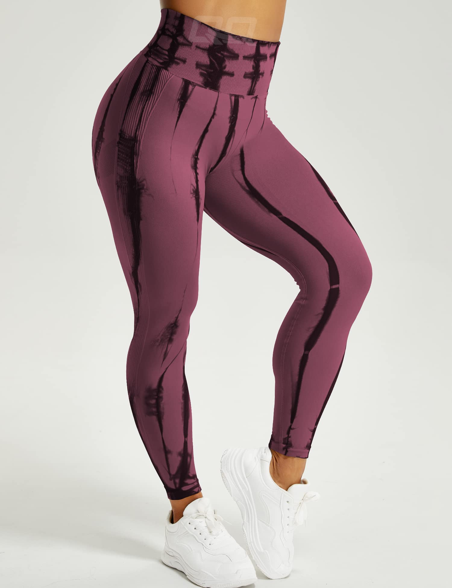 QOQ Womens Tie Dye High Waisted Workout Leggings Seamless Scrunch Booty Butt Lift Yoga Pants Tummy Control Compression Tights Berry M