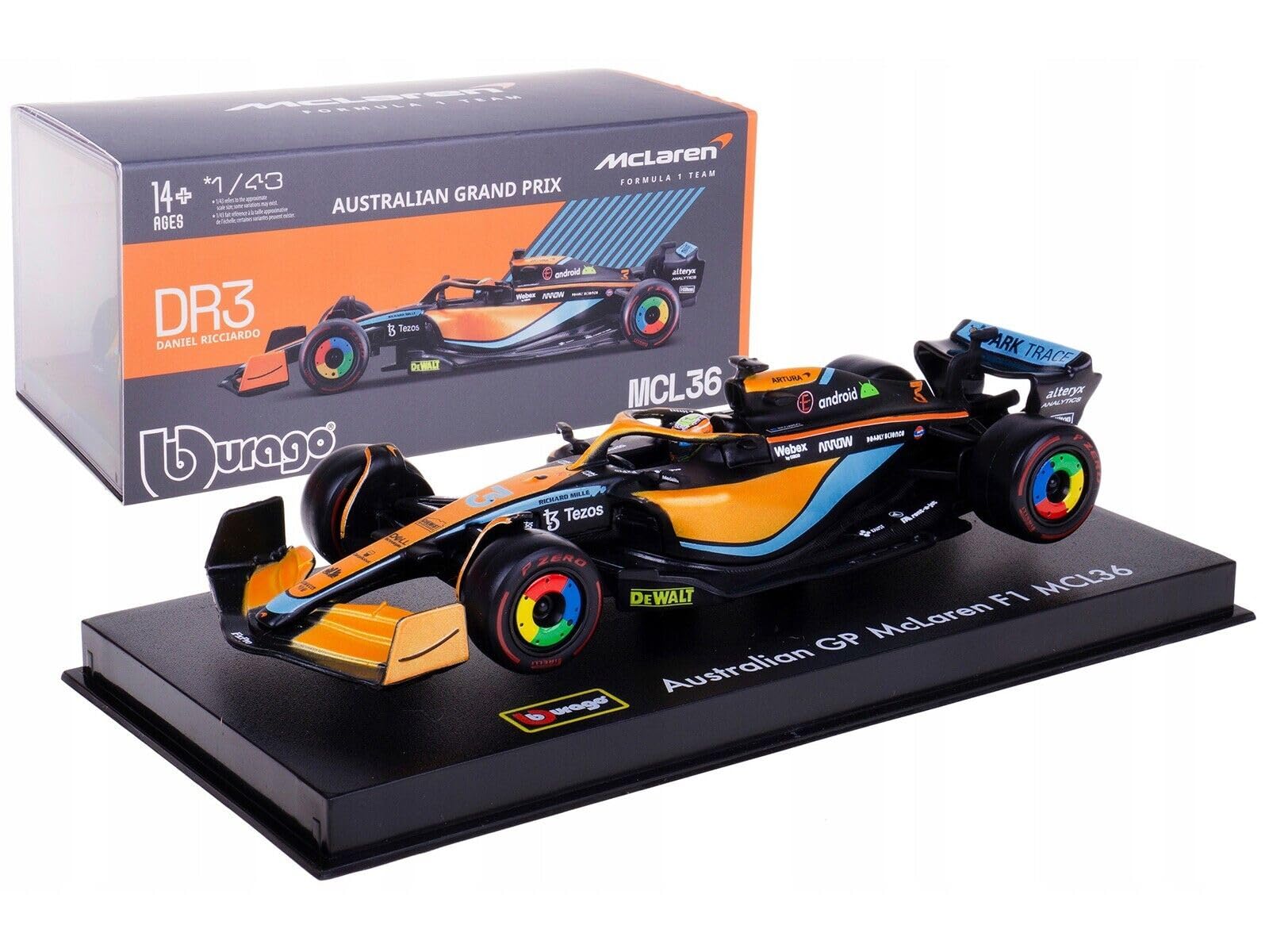 McLaren MCL36#3 Daniel Ricciardo Formula One F1 Australian GP (2022) with Display Case 1/43 Diecast Model Car by Bburago 38064DR