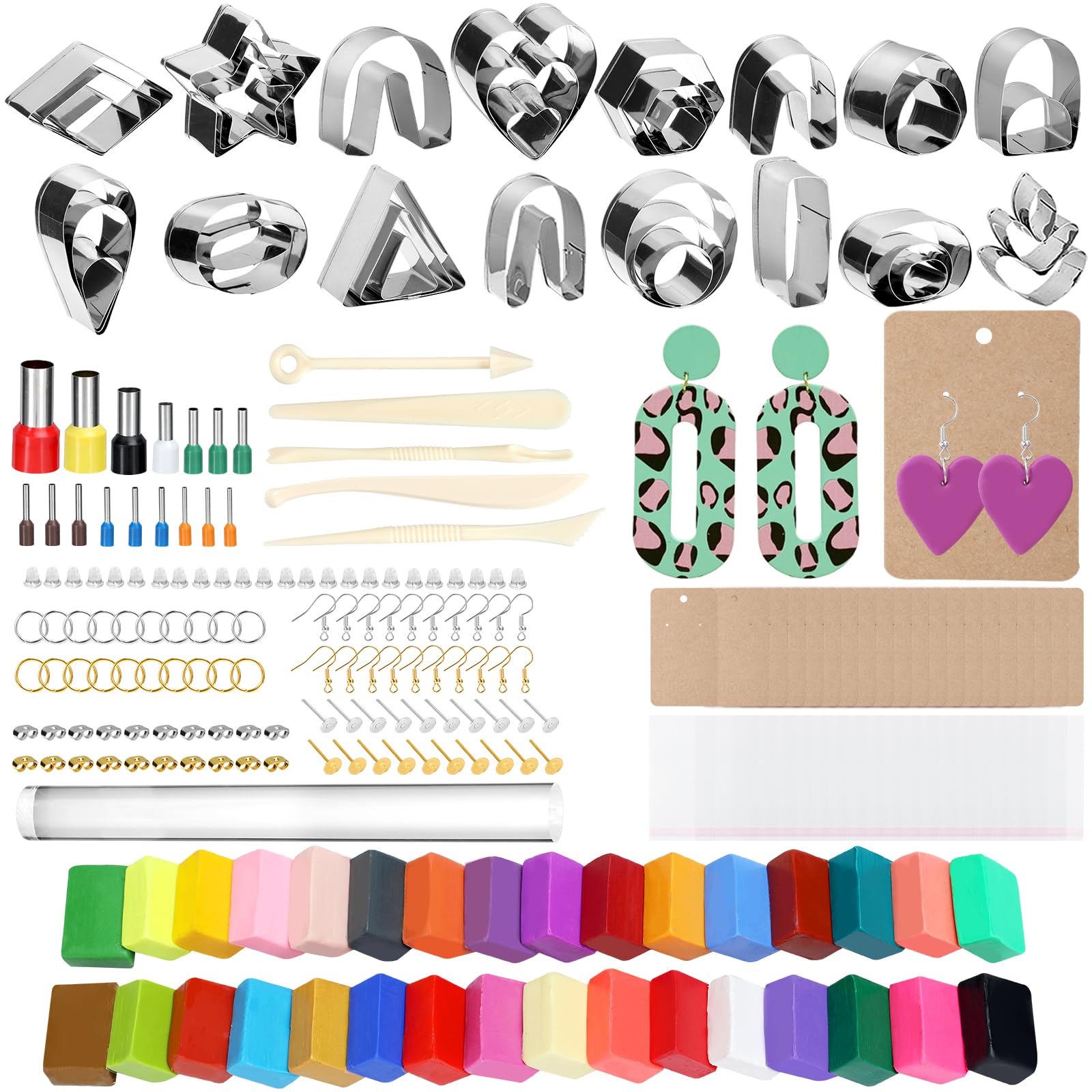 MADLYN RHUE Polymer Clay Earring Making Kit with 36PCS Clay Cutters and 32PCS Oven Bake Clay, Modeling Clay Jewelry Making Kit for Beginner (Instruction Included)