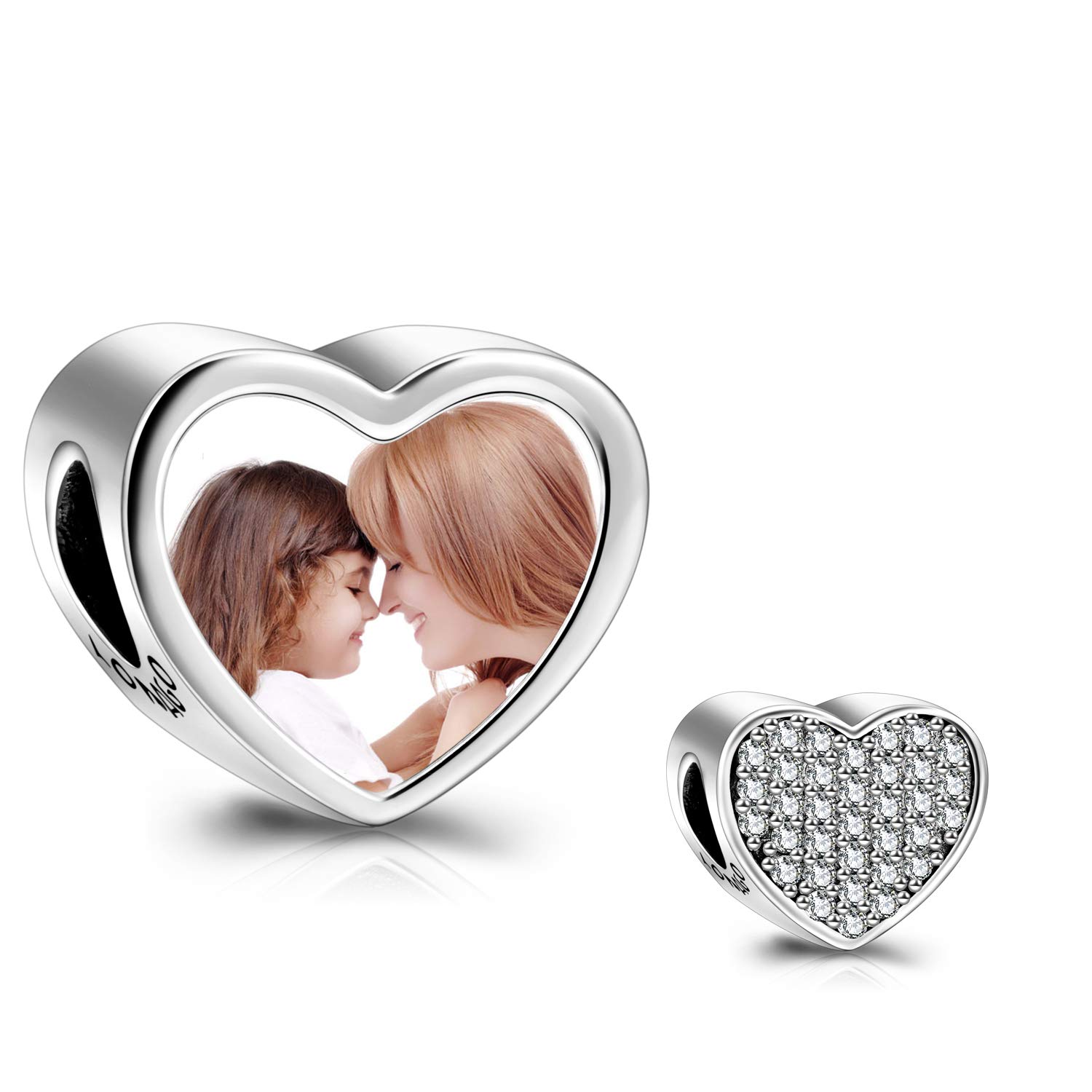 LONAGO Customized and Personalized Photo Charms Sterling Silver Heart Shaped Charm Beads (Shine Heart)
