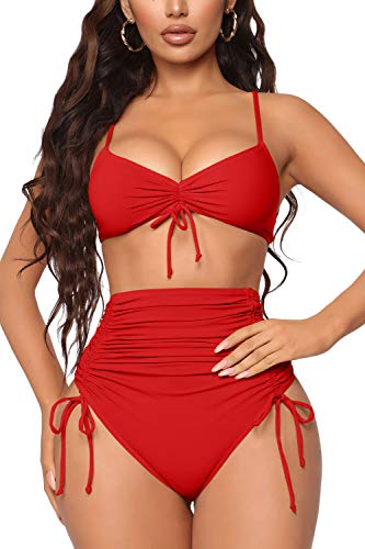 Meyeeka Women Sexy Two Pieces High Waist Tummy Control Swimsuits Padded Push Up Bikini Sets L Red