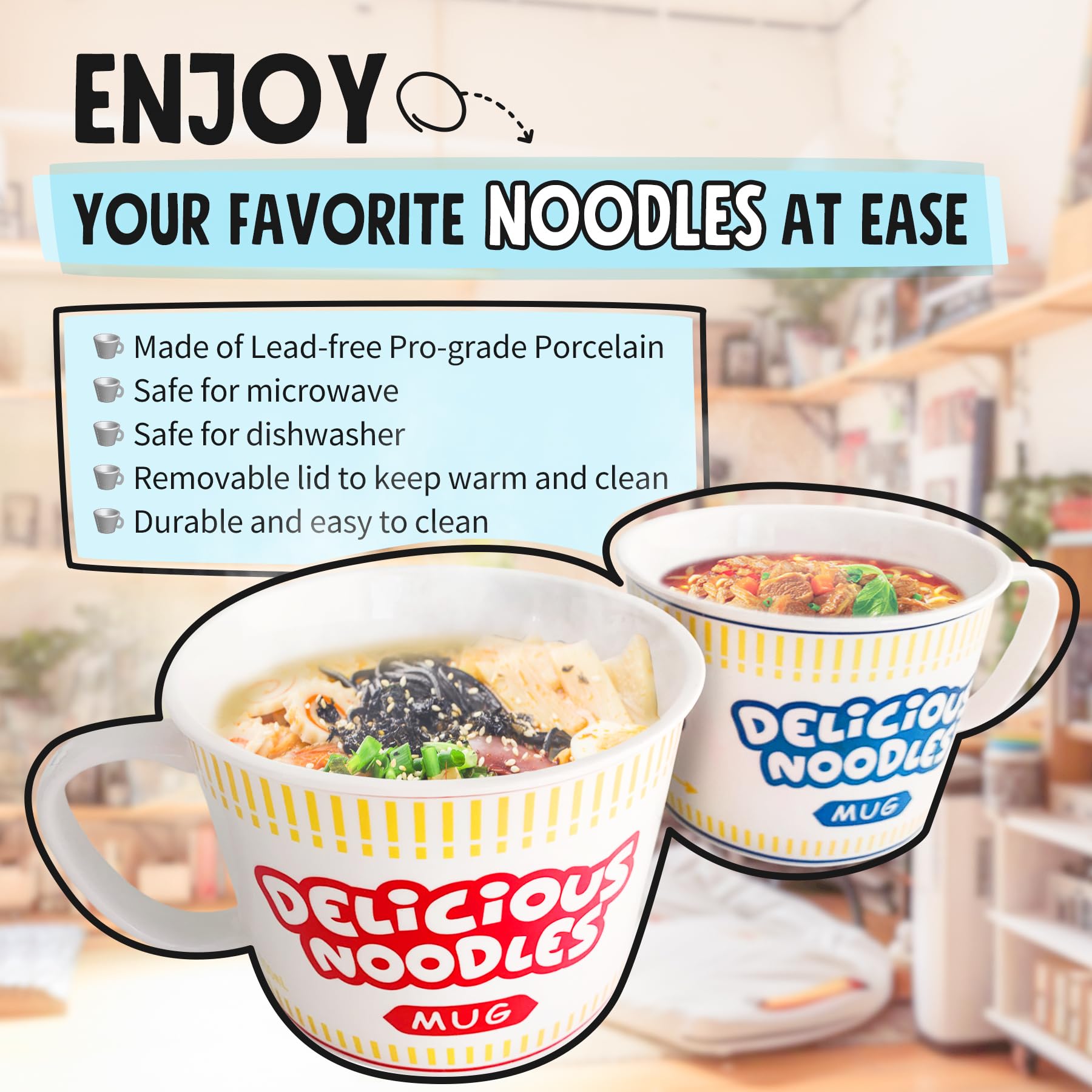 Sophie & Panda Porcelain Instant Noodle Bowl Mug With Handle 34 Oz - A Must-Have Accessory For Anyone Who Loves Asian Noodles - One Novelty 5.5β X 4.5β Ramen Bowl with Lid (Red)