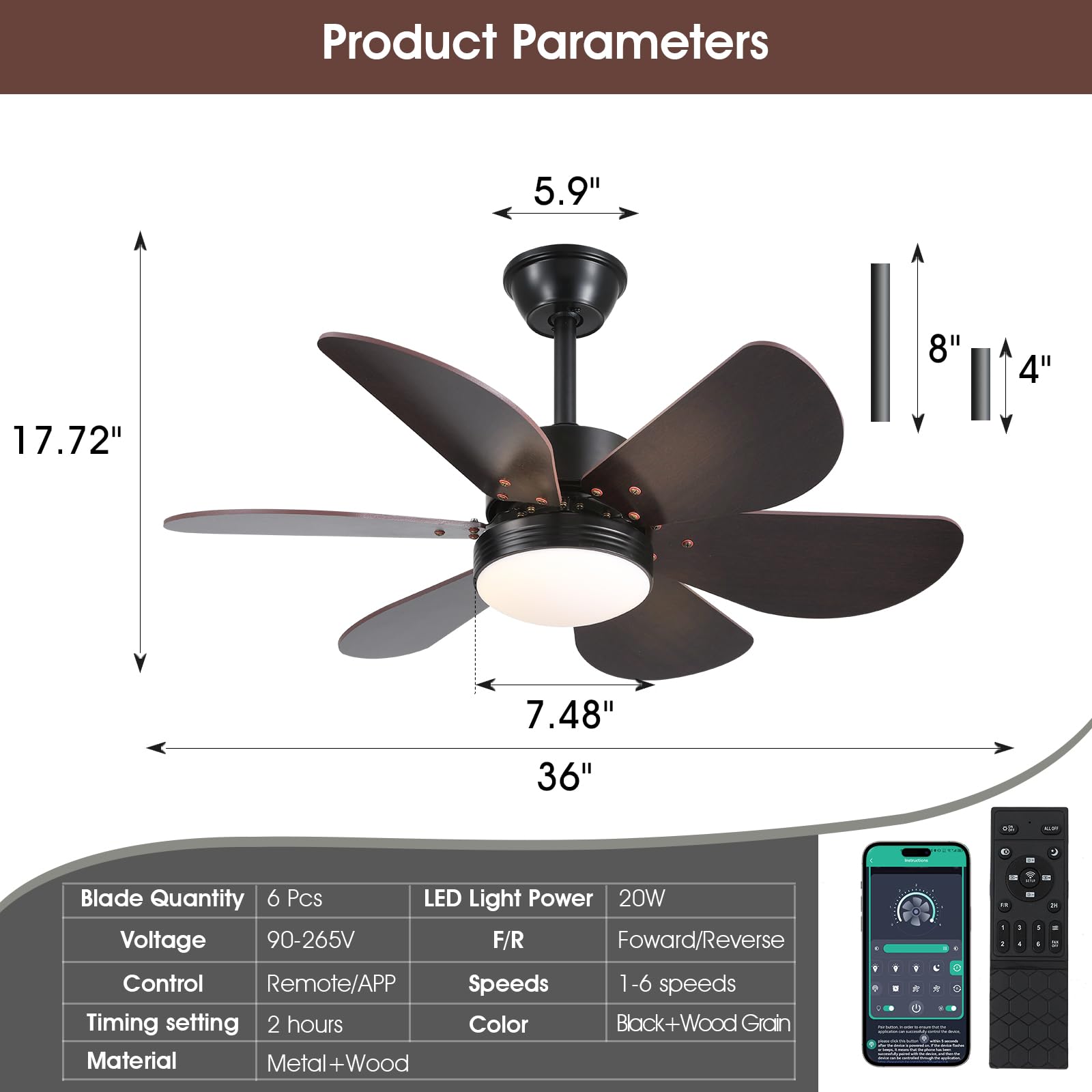MADSHNE Ceiling Fans with Lights and Remote,36" Black Outdoor Ceiling Fans with 6 Reversible Wood Blades,Small Modern Ceiling Fans for Patio Kitchen Bedroom