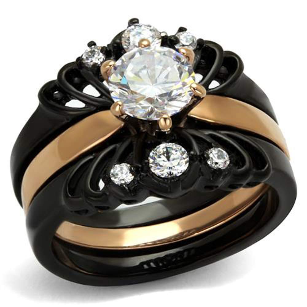 Marimor Jewelry Women's Rose and Black Plated Stainless Steel Wedding Engagement Ring Band Set Size 7