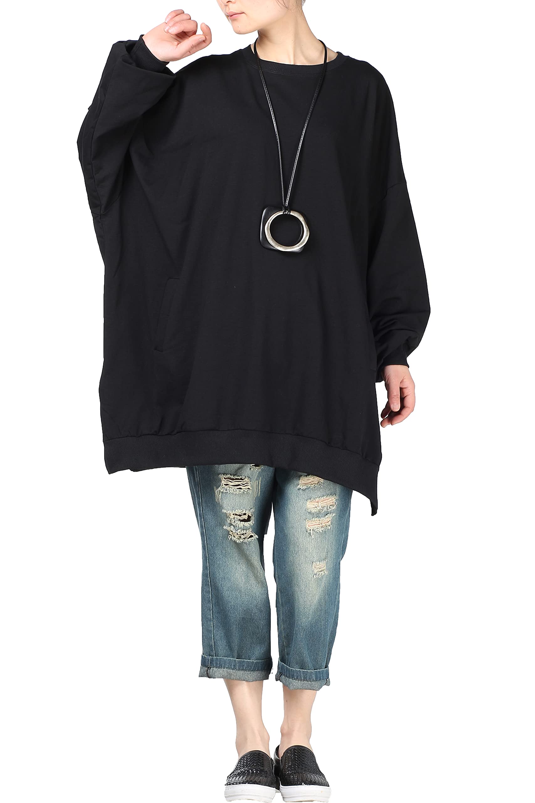 Mordenmiss Women's Loose Sweatshirt Spring/Fall Simple Shirt Tops (L, Style 6-Black)