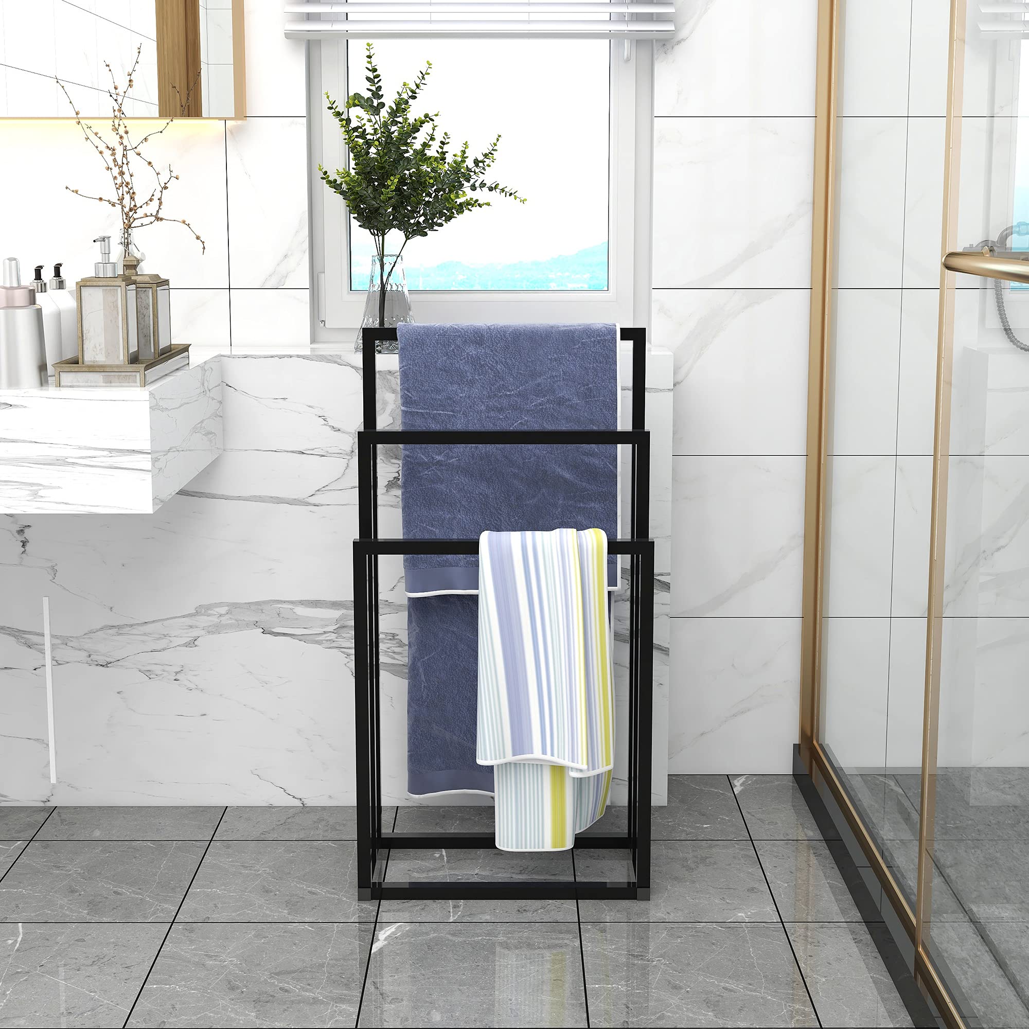 Metal Freestanding Towel Rack, 3 Tier Bathroom Towel Rack, Freestanding Towel Rack, Blanket Ladder Rack, Oversized Bath Towel Drying and Display Rack (Black)