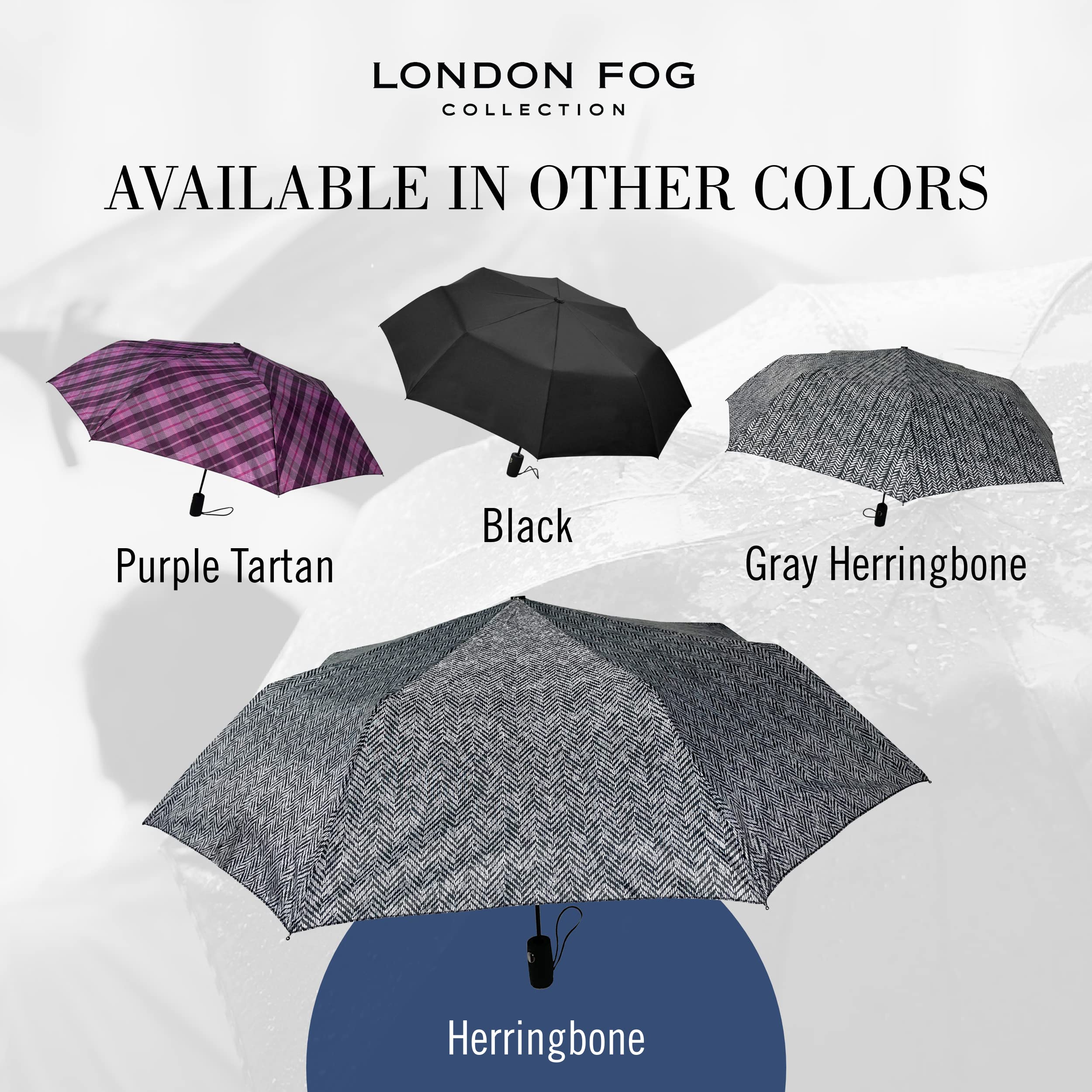London Fog Mini Rain Umbrella, Automatic Folding Umbrella, Windproof, Lightweight and Packable for Travel, Full 42 Inch Arc, Herringbone