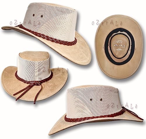 Oztrala~ Suede Leather Breezer Mesh Hat JACARU Cowboy Australian Mens Outback Golf SB 1019 US Sand