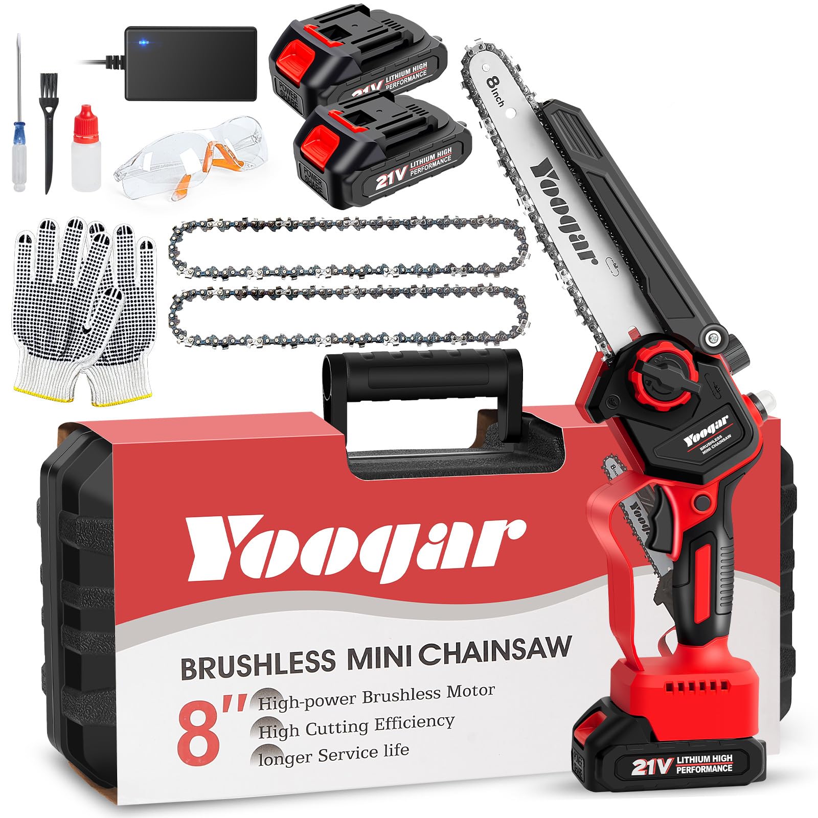 Mini Chainsaw, 8 Inch Cordless Electric Chain Saw, 2000mAh Battery Powered Chainsaw with 2 BATTERIES & 2 CHAINS, Portable One-Hand ChainSaw Pruning Tree Branches for Courtyard,Household&Garden