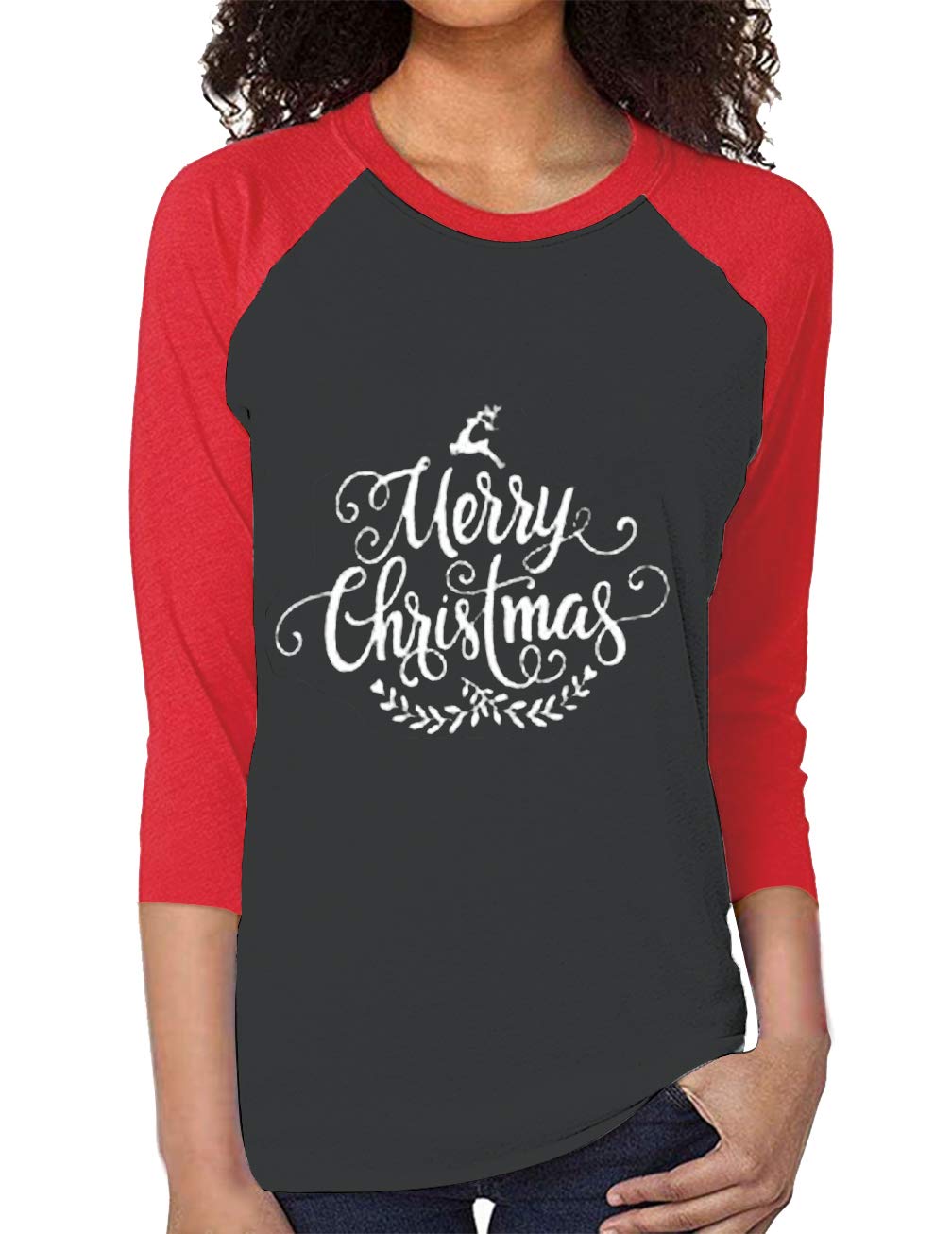 Merry Christmas Leaf Print Baseball T-shirt Women Causal Raglan Long Sleeve Tees size L (Red)