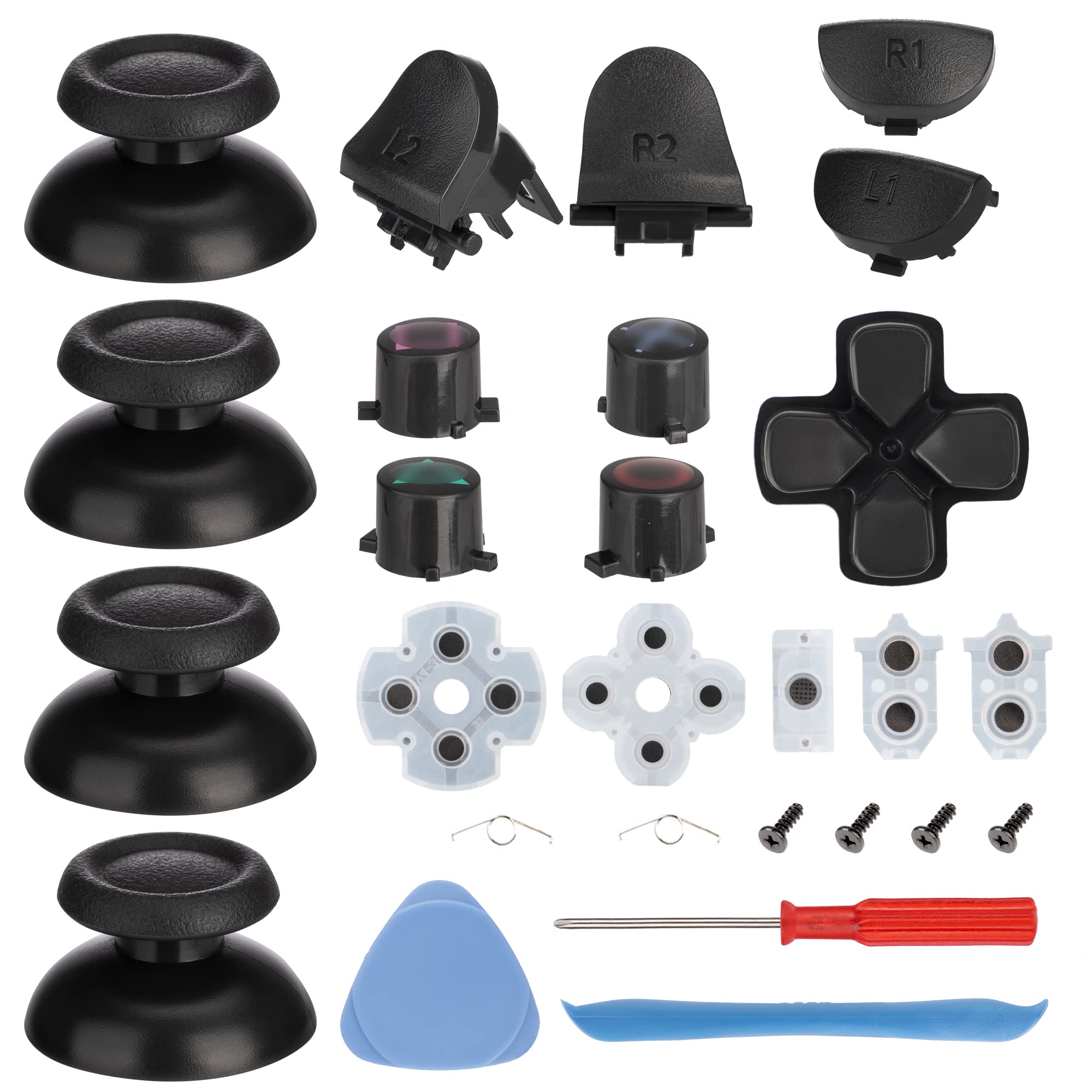 Replacement Thumbsticks Button Kit for PS4 Controller, L1 R1 L2 R2 Triggers, ABXY Buttons, D-pad, Springs and Conductive Rubber Pads Repair Kit for PS4 Slim, Pro Controller (Model: CUH-ZCT2U)
