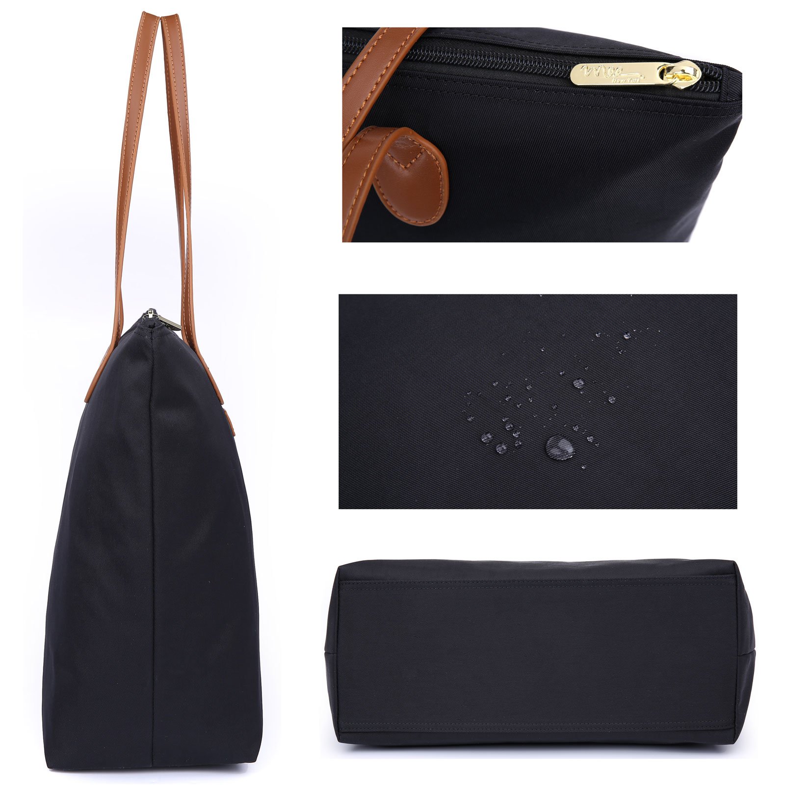 NNEE Water Resistant Light Weight Nylon Tote Bag Handbag - Large Size, Black