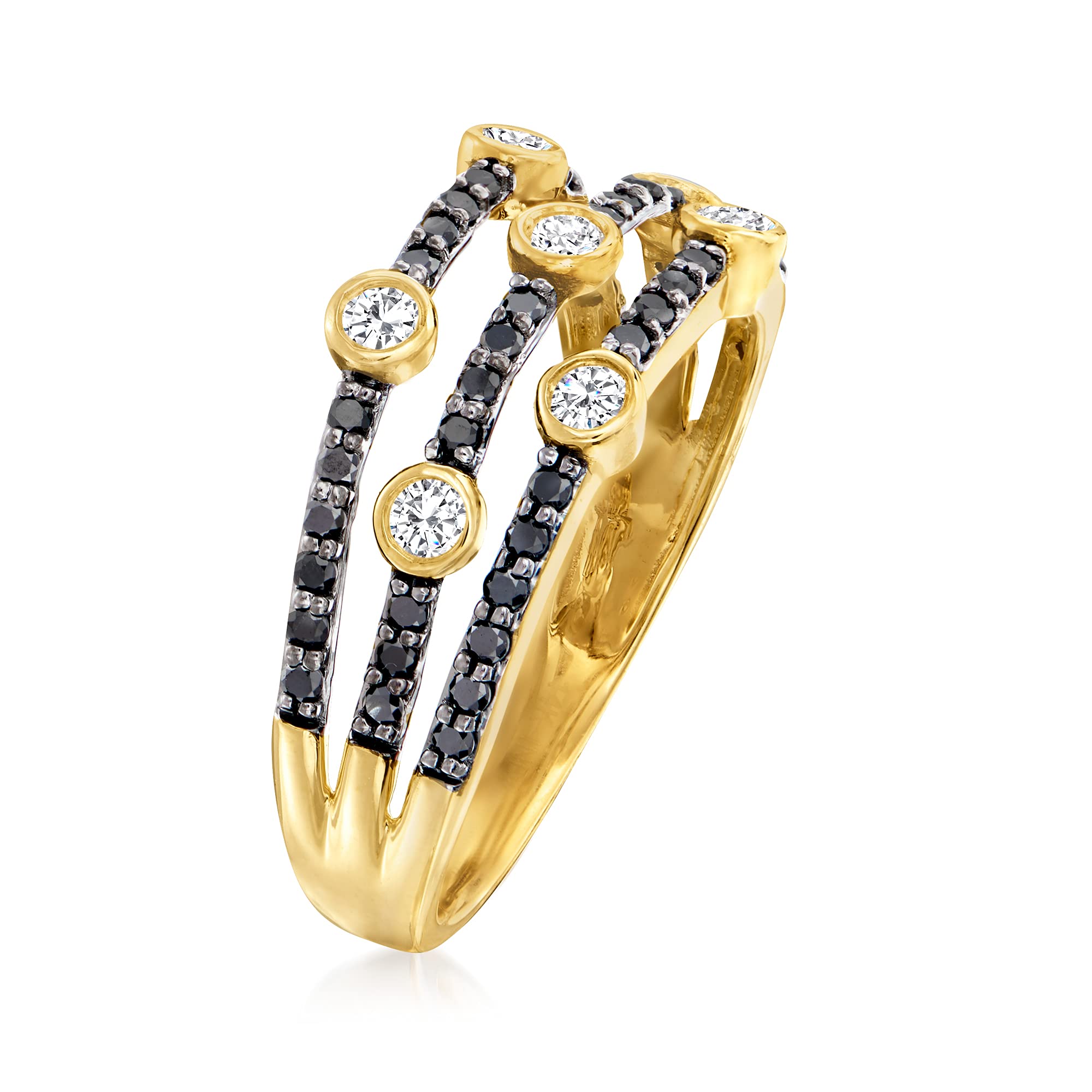 Ross-Simons 0.50 ct. t.w. Black and White Diamond 3-Row Ring in 14kt Yellow Gold. Size 9