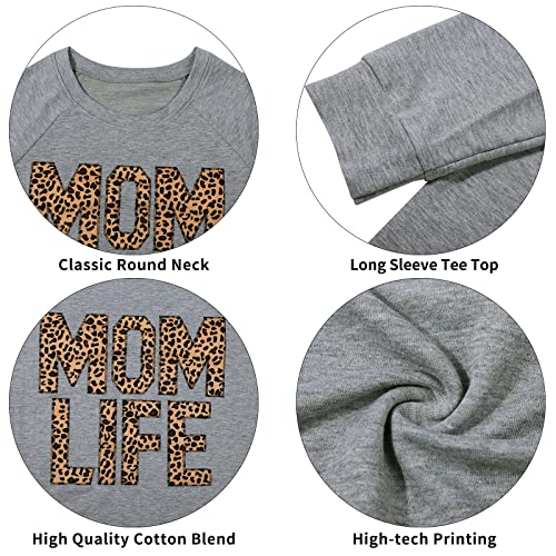 MOUSYA Mom Life Tops Women Mom Letter Printed Sweatshirt Leopard Graphic Casual Long Sleeve Crew Neck Pullover Tops (Medium, A_grey)