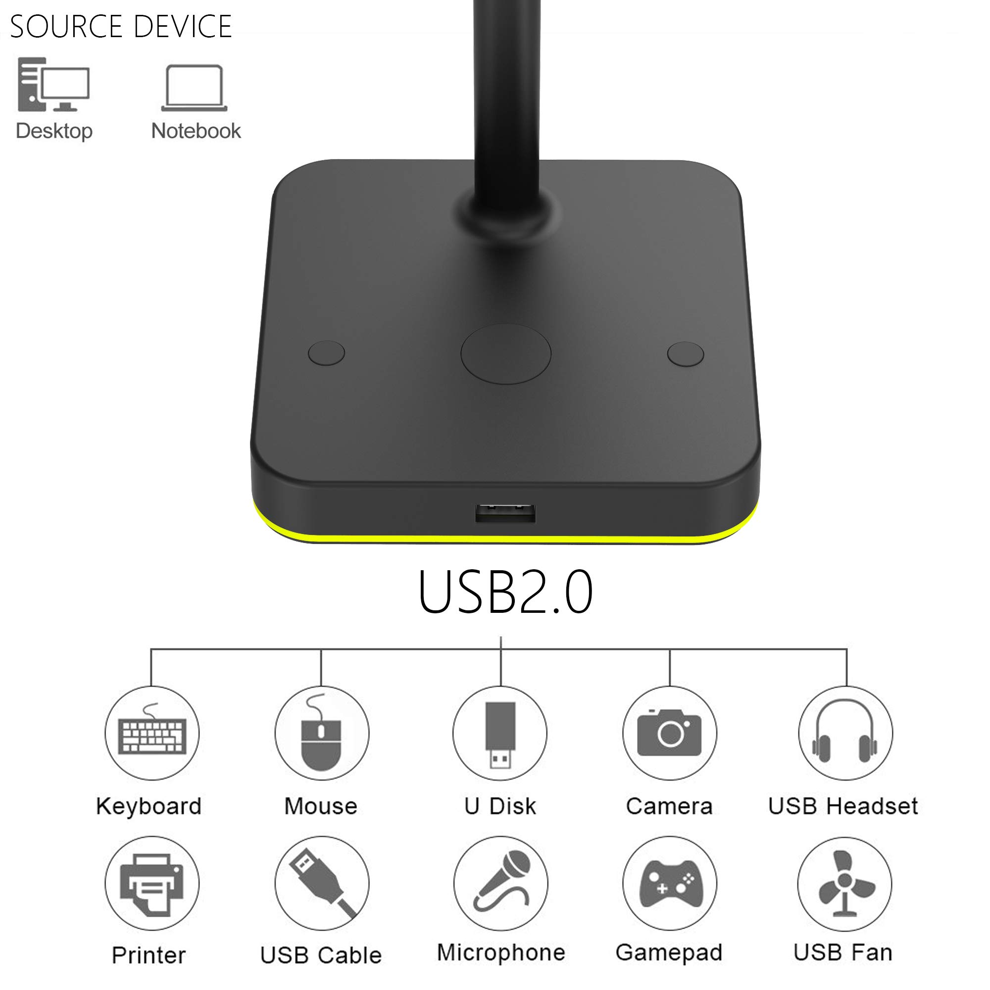 RGB Headphone Stand with USB Hub KAFRI Desk Gaming Headset Holder Hanger Rack with 1 USB2.0 Extension Charging Port Extender Cord - Suitable for Gamer Desktop Table Game Earphone Accessories (Renewed)