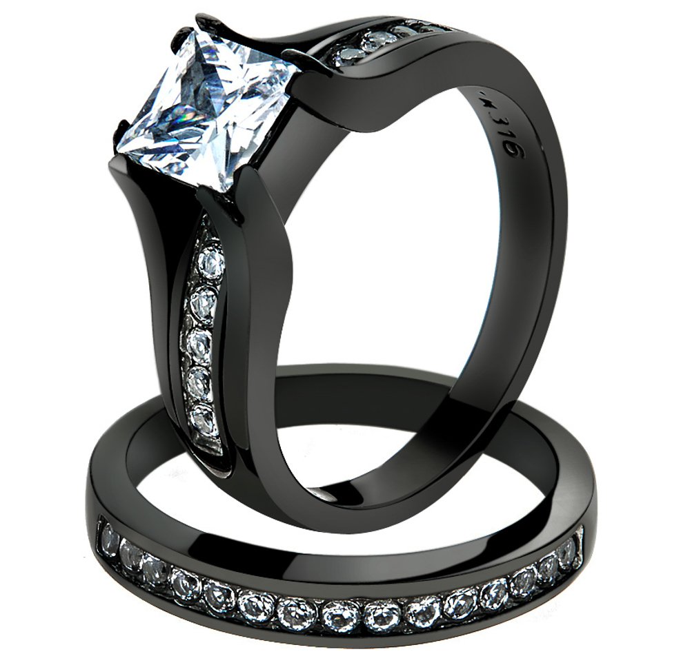 Marimor Jewelry His and Her Black Plated Stainless Steel Bridal Ring Set and Titanium Wedding Band Women's Size 06 Men's Size 08