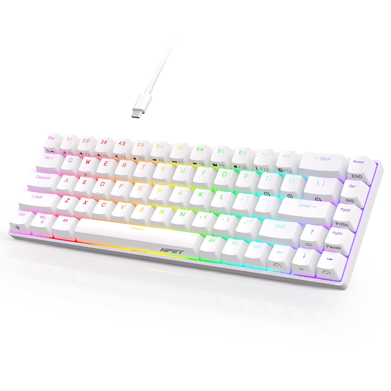 NPET K61 60% Mechanical Gaming Keyboard, RGB Backlit Ultra-Compact Wired Keyboard with Clicky Blue Switches for Computer/Laptop (68 Keys, White)