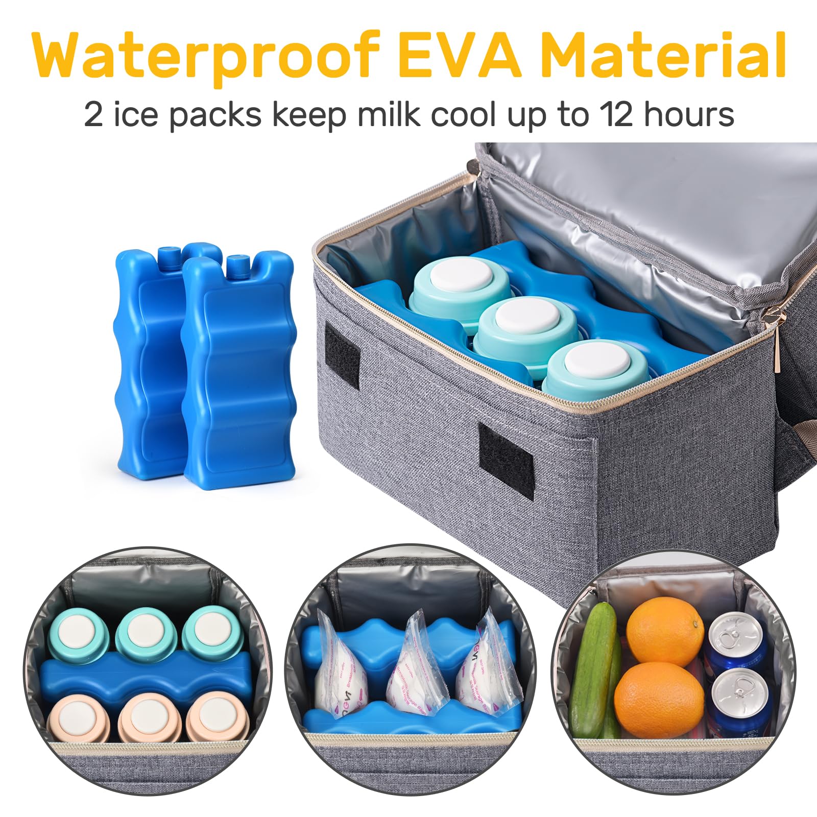 NCVI Breastmilk Cooler Bag with 2 Ice Pack, Breast Pump Bag with Cooler Fits 6 Bottles, Double Layer Breast Milk Baby Bottle Cooler Bag, for Travel, Nursing Mom Daycare, Work, Picnic, Black