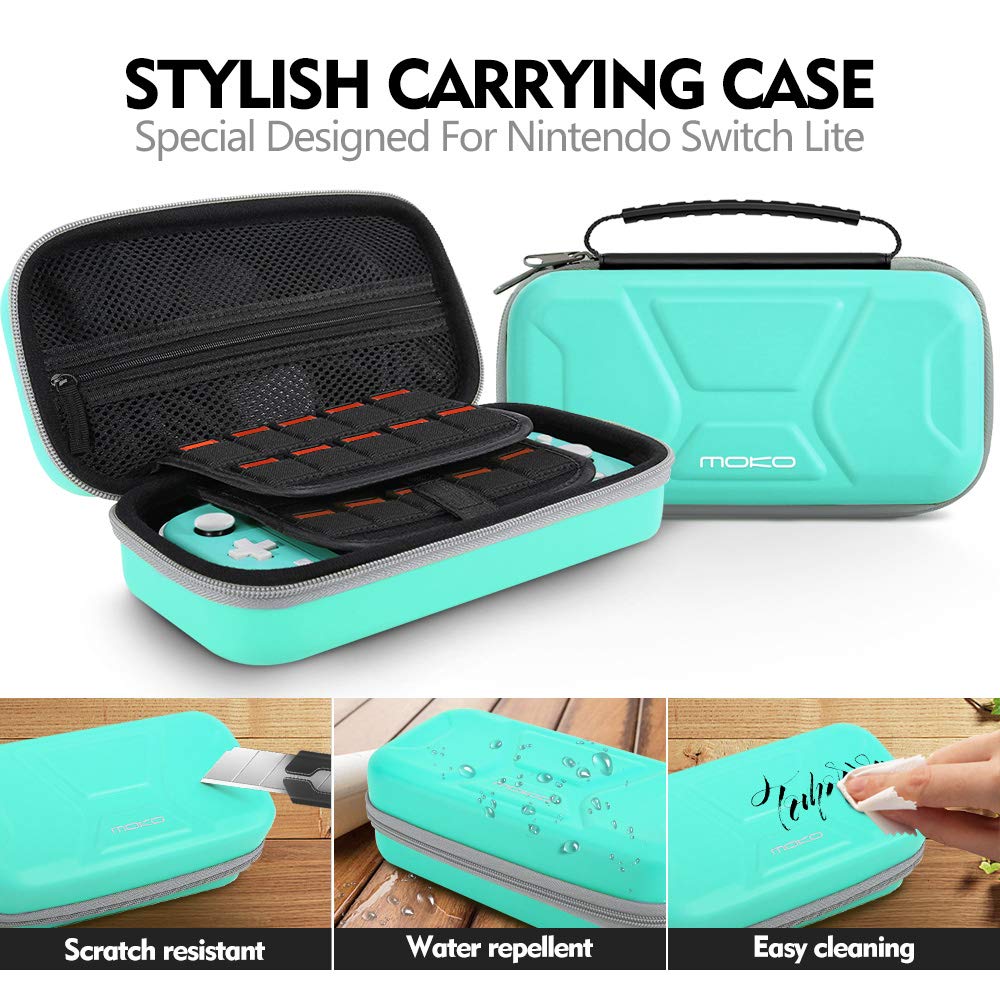 MoKo Carry Case Compatible with Nintendo Switch Lite, Fits AC Wall Charger Adapter, Protective Hard Shell Travel Carrying Case Pouch Compatible with Switch Lite with 20 Games Cartridges - Turquoise