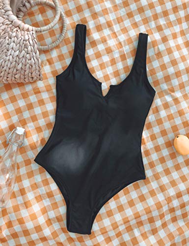 MELYUM One Piece Swimsuits for Women Cheeky High Cut Tummy Control Bathing Suits Low Back V Neck Swimwear Black