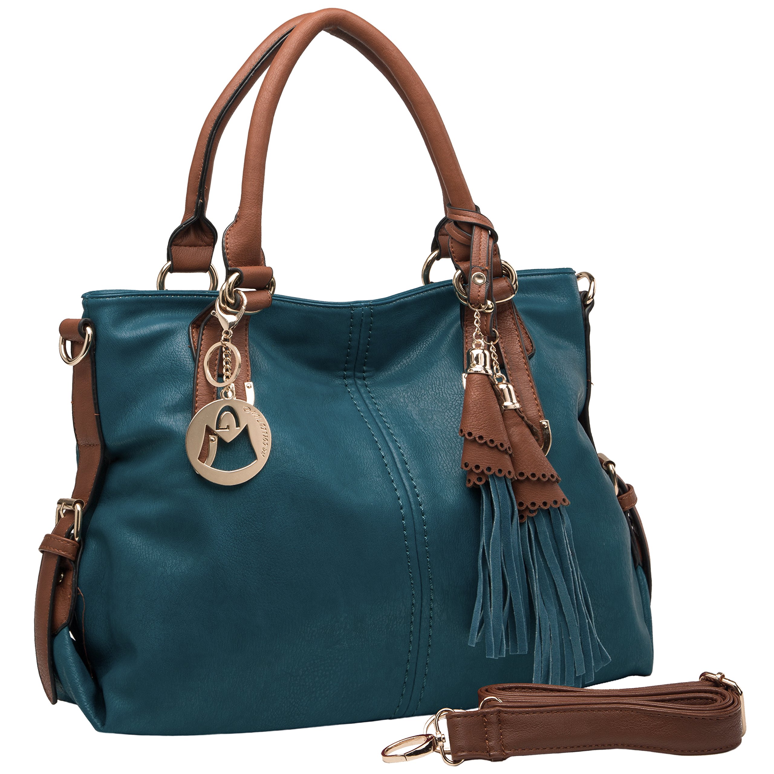 MG Collection THALIA Handbag for Women, Dark Teal Leatherette Purse with Top Handle, Shoulder Straps and Decorative Tassel