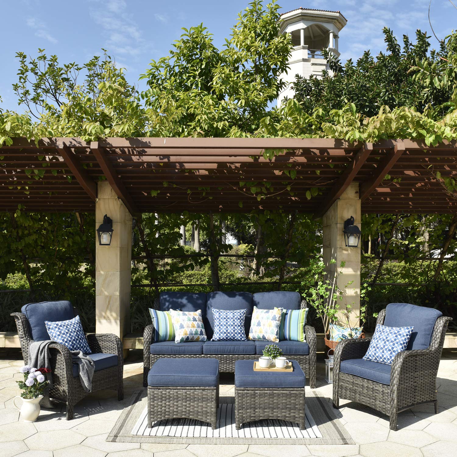 XIZZI Patio Furniture Sets Outdoor Furniture Conversation Set 5 Pieces All Weather Wicker High Back Couch with Ottomans,Grey Wicker Denim Blue