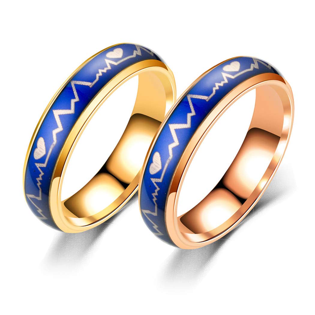 PROTUSTER Statement Rings for Lovers Emotional Change Color Temperature Mood Color Changing Stackable Gold Round Ring Feeling Heartbeat ECG Rings for Women and Men (Rose Gold&Gold, 7)
