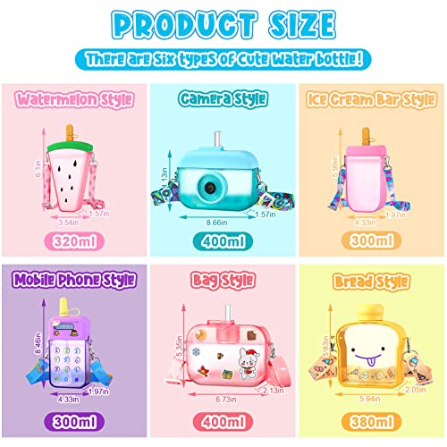 Queekay 6 Pcs Water Bottles with Straws for Kids Watermelon Water Bottle Adjustable Strap Leakproof Plastic Watermelon Ice Cream Camera Bread Biscuits Shaped Water Bottle for School Travel