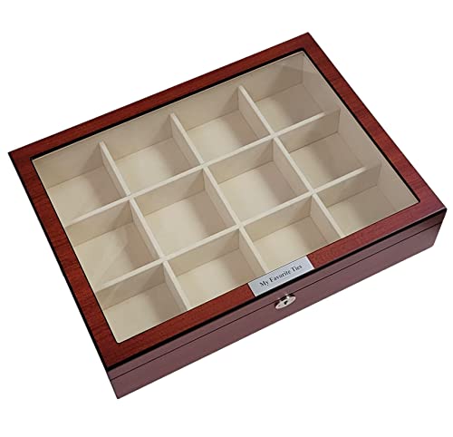 TIMELYBUYS Personalized Display Case for 12 Ties, Belts, and Accessories Cherry Wood Storage Box
