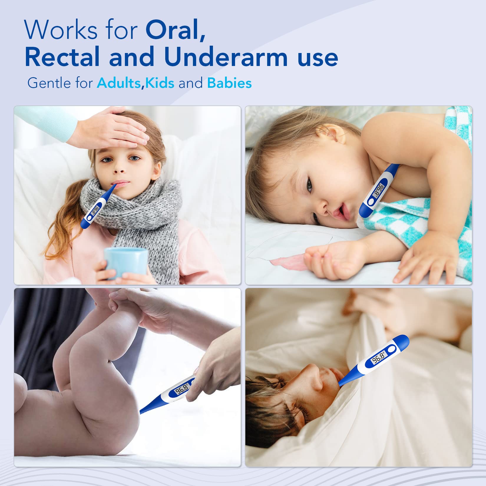 Thermometer, 2 Pack Digital Oral Thermometer, Detect Fever Quickly, Oral Armpit and Rectal Thermometer with FDA Certification, for Babies Children and Adults, Blue.