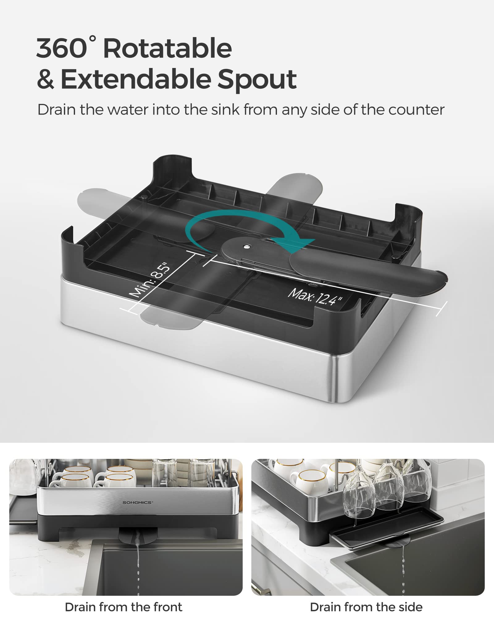 SONGMICS Dish Drying Rack - 2 Tier Dish Rack for Kitchen Counter with Rotatable and Extendable Drain Spout, Dish Drainer with Utensil, Cup, Glass, Cutting Board Holders, Black UKCS032B01