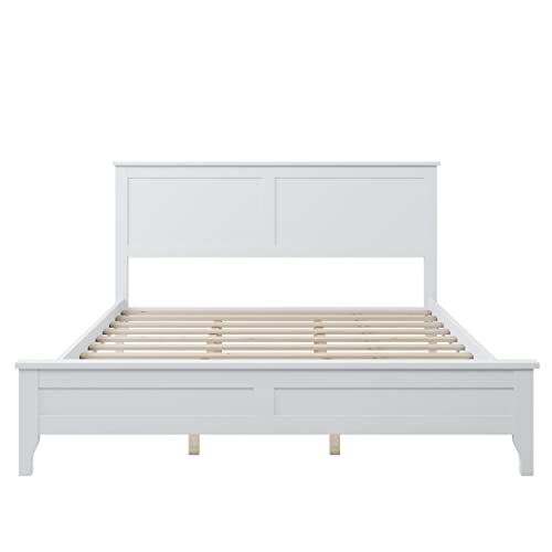 MegaChunk Modern White Solid Wood Queen Platform Bed, Pine Wood Construction, High Load Capacity, Compatible with Adjustable Beds, No Box Spring Required, Queen Size, White