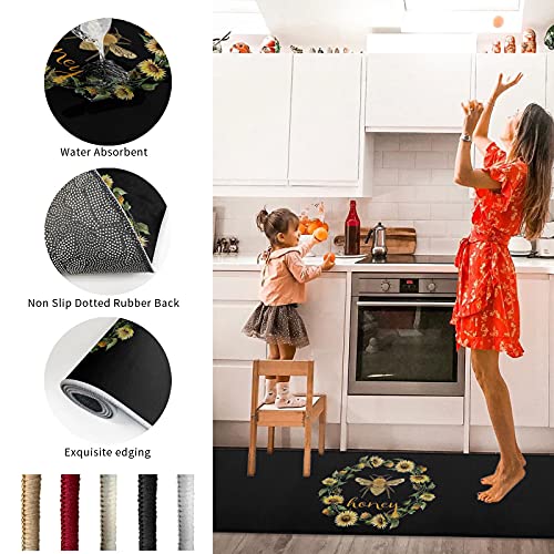 Queen Area 2 Pieces Kitchen Rugs and Mats Set Sunflower Garland Honey Bee Design on Black Background Non-Slip Kitchen Mats and Rugs for Kitchen, Floor Home, Office, Sink, Laundry