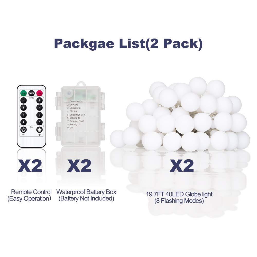 YOZATIA Globe String Lights 2 Pack 19.7ft 40 LED Battery Operated Warm White Waterproof, Globe Fairy String Lights 8 Modes with Remote Control, Perfect for Indoor, Outdoor, Bedroom, Party, Christmas